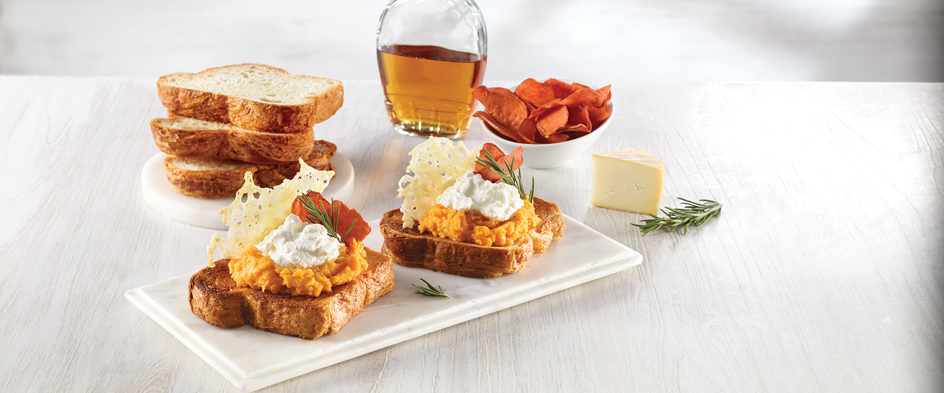 CREAMY SWEET POTATO AND MAPLE OKA MASH ON TOASTED CROISSANT LOAF | OKA